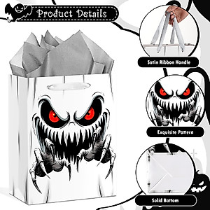 13" Large Halloween Paper Gift Bag Trick or Treat Gift Bag with Card Tissue Paper White Ghost Wrapping Paper Bag Halloween Candy Bag for Halloween Party Decorations Holiday Birthday Favors Supplies