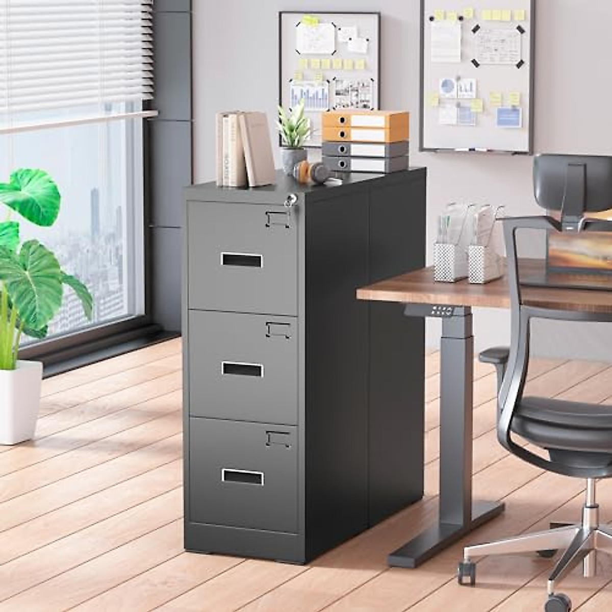 Greenvelly 18" D File Cabinet, 3 Drawer Vertical File Cabinet with Lock, Locking Filing Cabinet for Home Office, Black Metal File Cabinet for Hanging Letter/Legal Folders, Easy Assemble