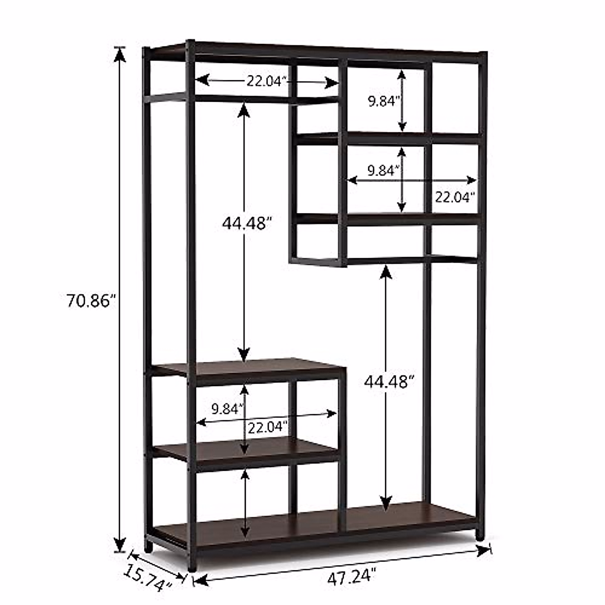 Tribesigns Free-standing Closet Organzier, Double Hanging Rod Clothes Garment Racks with Storage Shelvels, Heavy Duty Metal Closet Storage Clothing Shelving for Bedroom, Capacity 400 lbs (rustic)