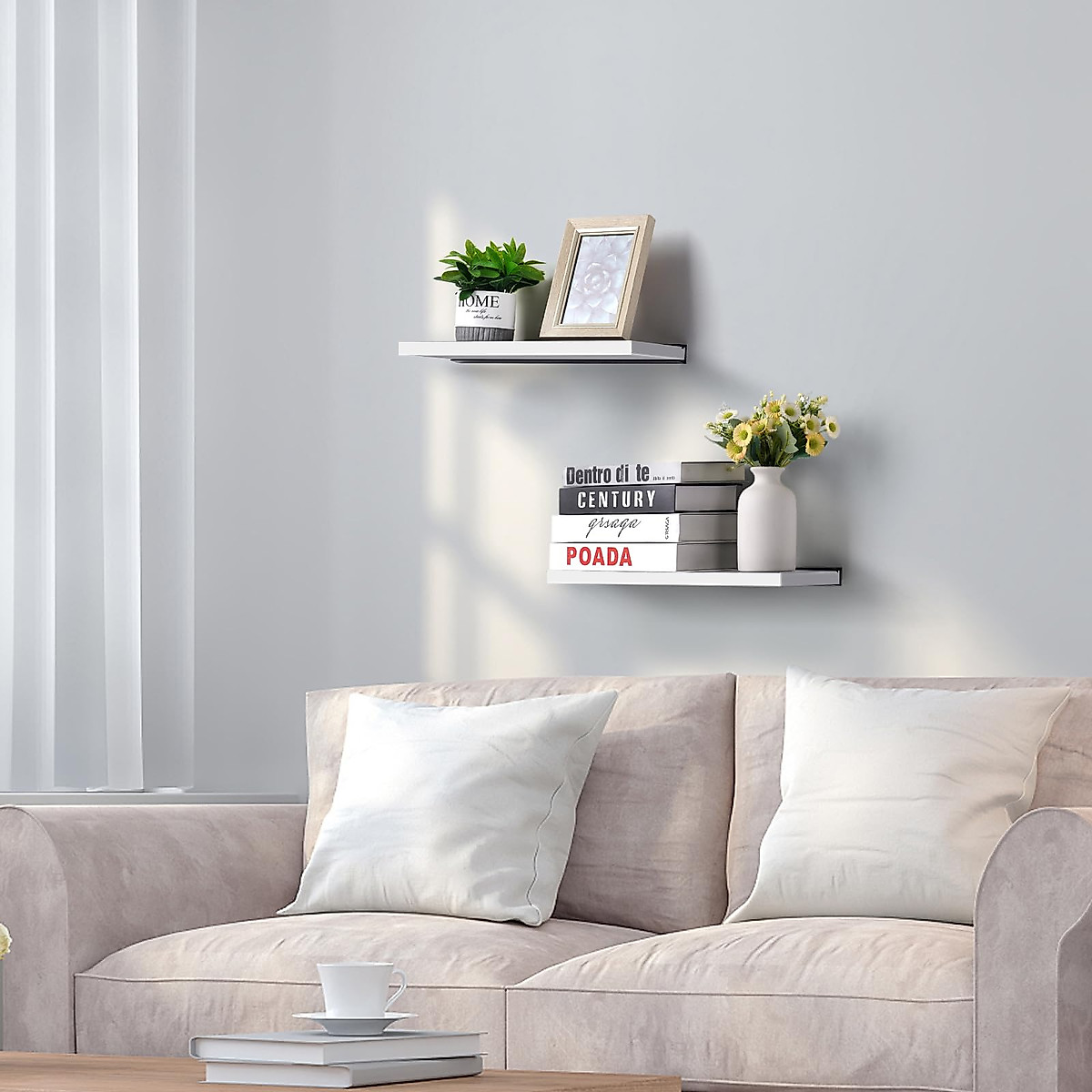 Meangood Floating Shelves Wall Mounted Set of 2, 17 inch Natural Bamboo Wood Wall Storage Shelves for Bedroom,Living Room,Bathroom, Kitchen White