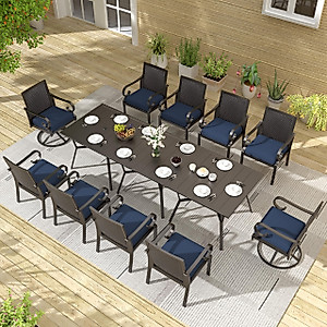 RTDTD 13 Pieces Outdoor Dining Set Patio Dining Table and Chairs Set Outdoor Furniture Set with 3 Square Metal Dining Tables with Umbrella Hole，10 Wicker Patio Chairs with Dark Blue Cushions