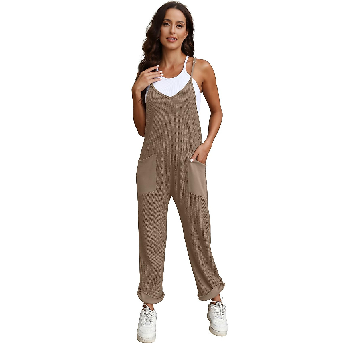 Nirovien Womens Waffle Knit Jumpsuits Oversized One Piece Romper Sleeveless Onesie with Pockets Fall Overalls(Dusty Khaki,L)