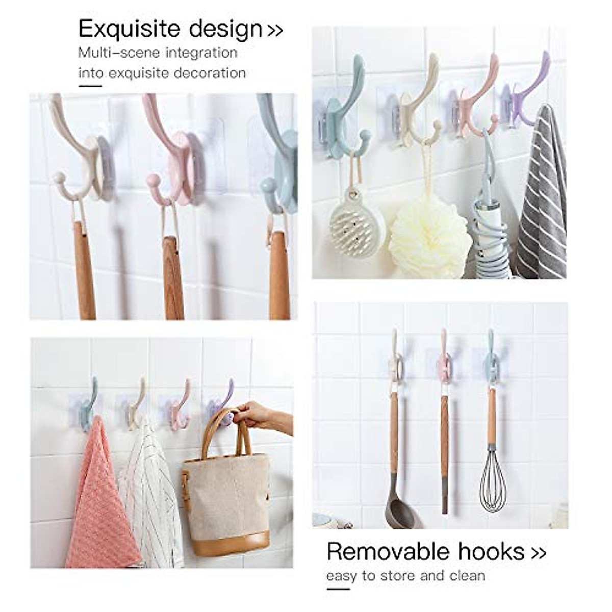 Coat Hook 8 Pack Split Design Heavy Duty Transparent Reusable Seamless Wall Mounted Double Removable Hooks for Coat,Scarf,Bag,Towel,Key,Cap,Cup,Hat(Beige)