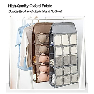 DOMEZO Dual-Sided Closet Hanging Organizer with Rotating Metal Hanger and Mesh Pockets for Underwear, Bras, Socks, Towels, Handbags, Stockings Storage, Oxford Hanging Bags (3+5+15 Pockets, Grey)
