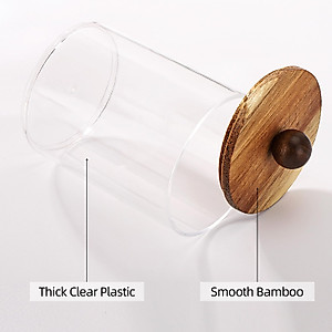 Tbestmax Qtip Holder with Wood Lids, 10oz Plastic Apothecary Jars for Cotton Ball, Cotton Swab, Floss, Clear Bathroom Containers Storage and Organizer