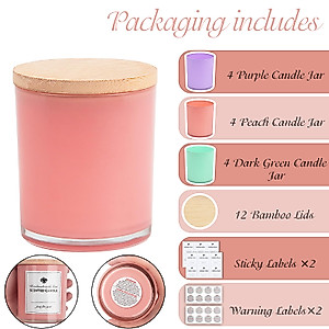 CONNOO 12 Pack 10 OZ Spring Color Glass Candle Jars for Making Candles with Airtight Bamboo Lids Nice Sticky Warning Labels for Candle Making Empty Container Bulk - Dishwasher Safe