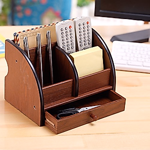 5-Compartment Luxury Black/Brown Wood Office Desktop Organizer with Large Storage Drawer