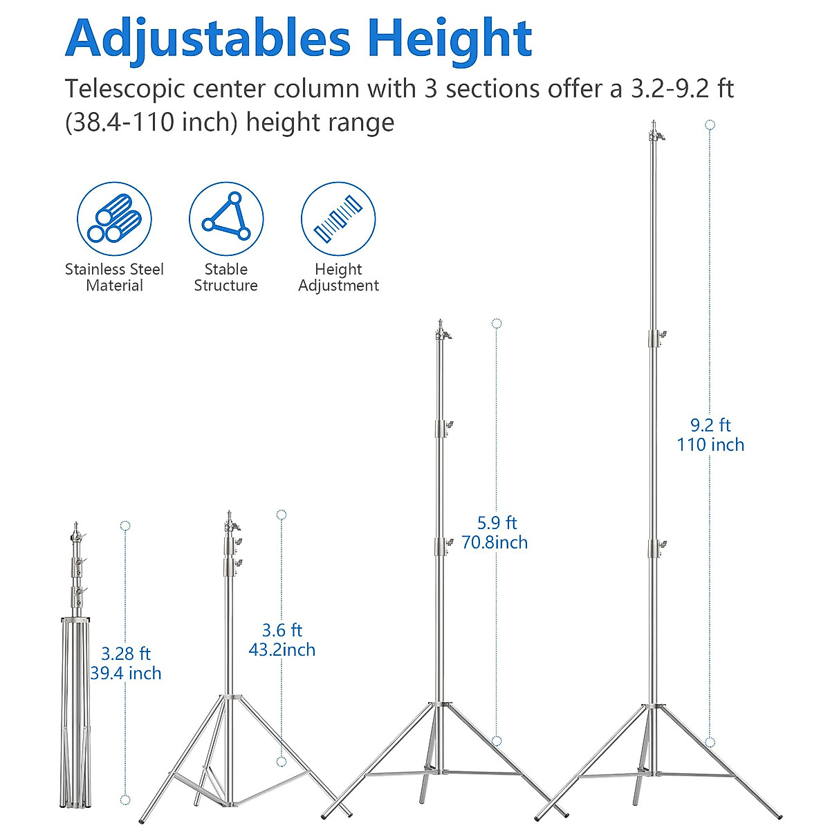 9.2ft/110'' Stainless Steel Light Stand, Sdfghj Heavy Duty Light Stand Photography Tripod with 1/4'' to 3/8'' Screw Adapter for Strobe Flash, LED Ring Light, Monolight, Softbox, Reflector, Speedlight