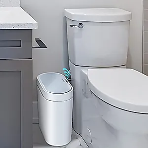JOYBOS Bathroom Trash Can,3 Gallon Waterproof Automatic Small Bathroom Garbage Can with Lid, Slim Motion Sensor Plastic Narrow Trash Bin for Bedroom, Kitchen, Office,RV White