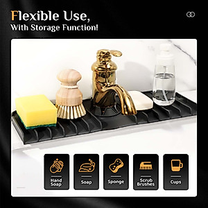 Nuovoware Silicone Sink Facucet Mat, Sink Self-Draining Pad Behind Faucet Anti-Slip Vertical Stripes Reusable Silicone Faucet Mat Pad Sink Drying Mat for Kitchen Sink Splash Guard, Black