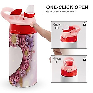 Stainless Steel Water Bottles Card Heart Shape Flowers Travel Water Cups with Handle And Silicone Straw Drinking Cup with Leak Proof Lid Thermo Travel Mug for Women Men