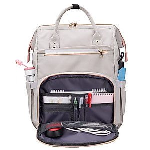 Erihop Teacher Backpack 17 Inch Laptop Bag for Women Fashion Backpack Purse, Work Backpack Tote Computer Bag with Charging Port,Travel Backpack, Grey&Pink