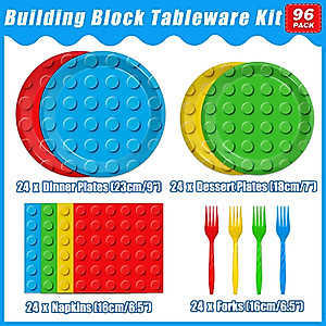 96 Pcs Building Block Party Supplies, Building Bricks Party Plates and Napkins Set Boys Girls Building Block Themed Party Dinnerware for Kids Baby Shower Birthday Party Decorations, Serves 24