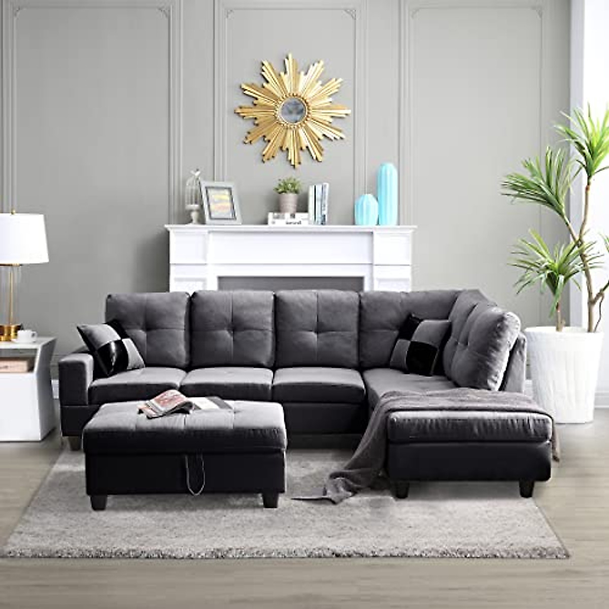 BIADNBZ Sectional Couch for Living Room with Right Chaise Lounge Storage Ottoman L-Shaped Sofas, Gray