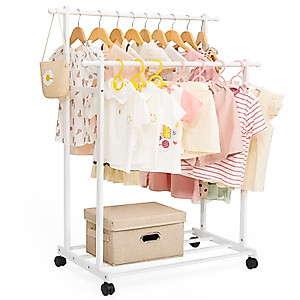 Cozivolife Kids Clothing Rack Bamboo with 2 Hanging Rods and 4 Hooks, Kids Dress Up Rack on Wheels, Small Child Garment Rack for Playroom,Toddlers Bedroom (White)