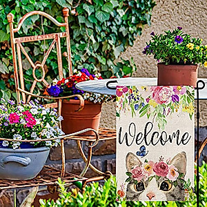 Cat Garden Flag Welcome 12 x 18 inch Flower Butterfly Yard Outdoor Decoration Burlap Spring Garden Flag DF032