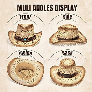 Men's & Women's Western Style Cowboy / Cowgirl Straw Hat with Bull Big Bead Band - Beige