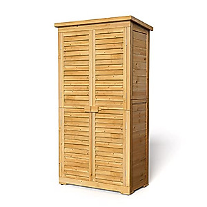 Gizoon Outdoor Storage Cabinet with 3 Shelves, Double Lockable Wooden Garden Shed with Waterproof Roof, Outside Vertical Tall Tool Shed for Yard Patio Lawn Deck-Natural