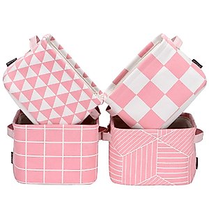 Sea Team Foldable Mini Square New Pink and White Geometric Theme 100% Natural Linen & Cotton Fabric Storage Bins Storage Baskets Organizers for Shelves & Desks - Set of 4 (Pink)