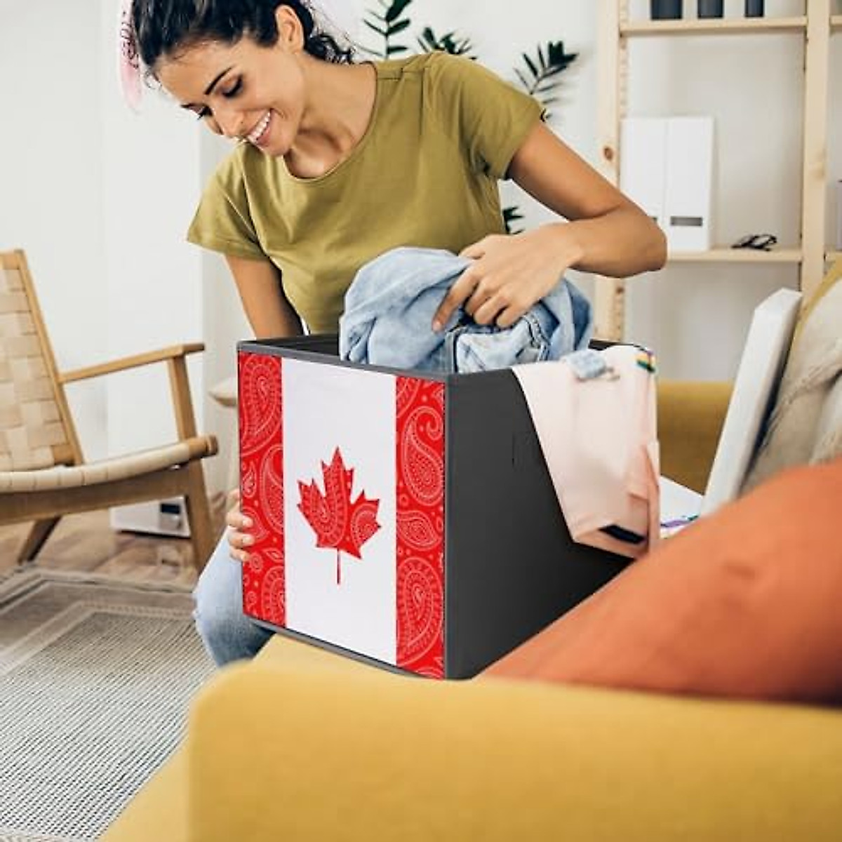 Paisley and Canadian Flag Fashion Storage Bins Foldable Organizer Cubes 10.6" Collapsible Box Home Ofice Supplies 2PCS