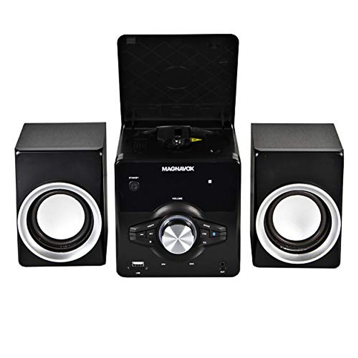 Magnavox MM442 3-Piece Top Loading CD Shelf System with Digital PLL FM Stereo Radio, Bluetooth Wireless Technology, and Remote Control in Black | Blue Lights | LED Display | AUX Port Compatible |