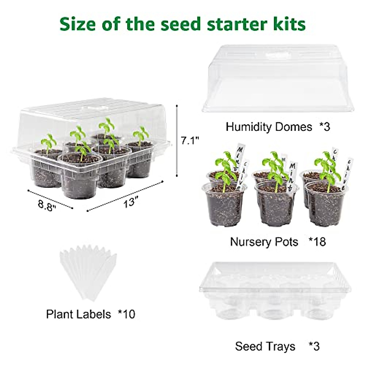MIXC Seed Starter Tray 3 Packs Seed Starter Kits with 18 Pcs 4 inch Nurserty Pots Transparent Seed Tray with Humidity Dome and 10Pcs Plant Labels Greenhouse Germination Kit for Seeds Growing Starting