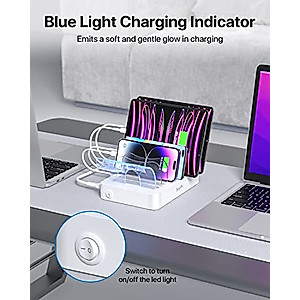 SooPii Premium 6-Port USB Charging Station Organizer for Multiple Devices, 6 Short Charging Cables and One Upgraded i-Watch Charger Holder Included, for Phones, Tablets, and Other Electronics, White