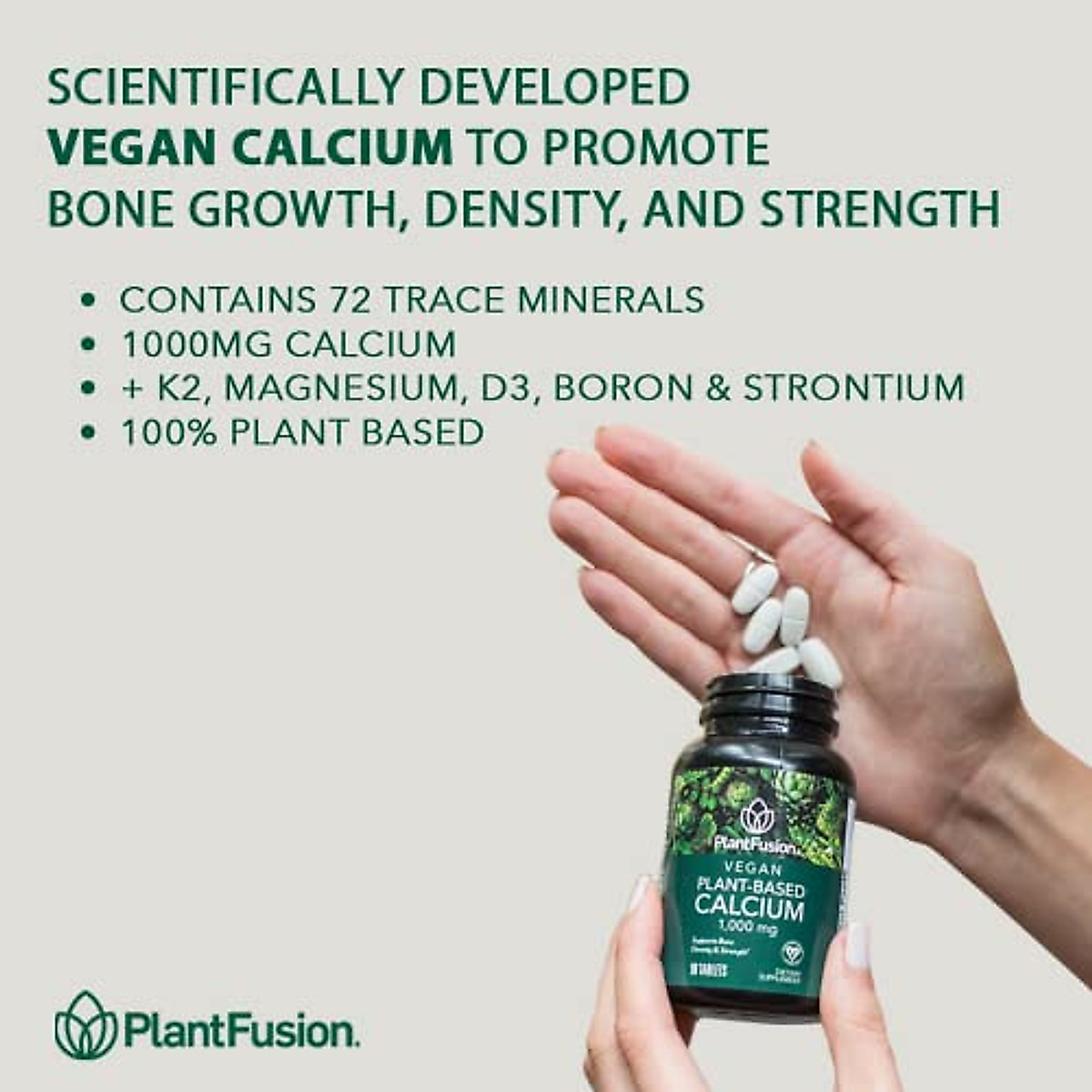 PlantFusion Vegan Calcium, Premium Plant Based Calcium (1000mg) Sourced from Icelandic Red Algae, Plus Magnesium, D3, K2, and Boron, 90 Vegan Tablets