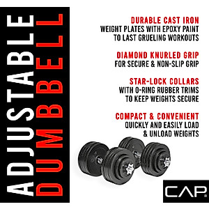 CAP Barbell 200-Pound Adjustable Dumbbell Weight Set, Black