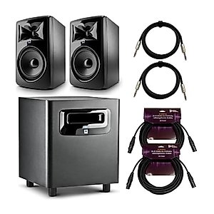 JBL 308P MkII Powered 8-Inch Two-Way Studio Monitors (2-Pack) Bundle LSR310S Powered Subwoofer, TRS Cables (2-Pack) and XLR Cables (2-Pack) (7 Items)