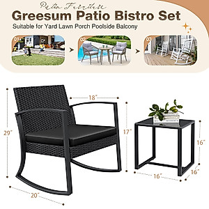 Greesum 3 Pieces Outdoor Furniture Set Patio Bistro Rocking Chairs and Glass Coffee Table, Black, Modern