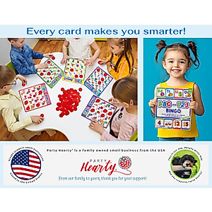 Party Hearty Alphabet and Number, ABC and 123 Bingo Board Game for Kindergarten and Preschool Kids Learn to Read Fun 2 Versions for Ages 4 and Up (Food Edition)