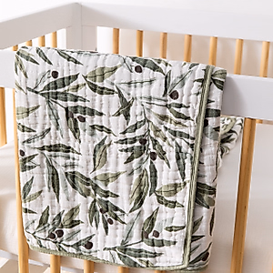 babyletto 100% Organic Cotton Quilt, GOTS-Certified, 3-Layers of Ultra-Soft and Breathable Muslin - Olive Branches