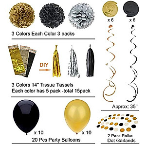 Black and Gold Party Decorations - Masquerade and Birthday Party Decorations with DIY Paper Pom Poms Flowers, Tassel Garland, Balloons, Hanging Swirl, Circle Paper Garland - 58Pcs