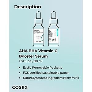 COSRX AHA BHA Vitamin C Booster Serum 1.01 fl. oz 30 ml, Face Serum, Brighten, Anti Aging, Plumping Skin, Natural, Fruit
