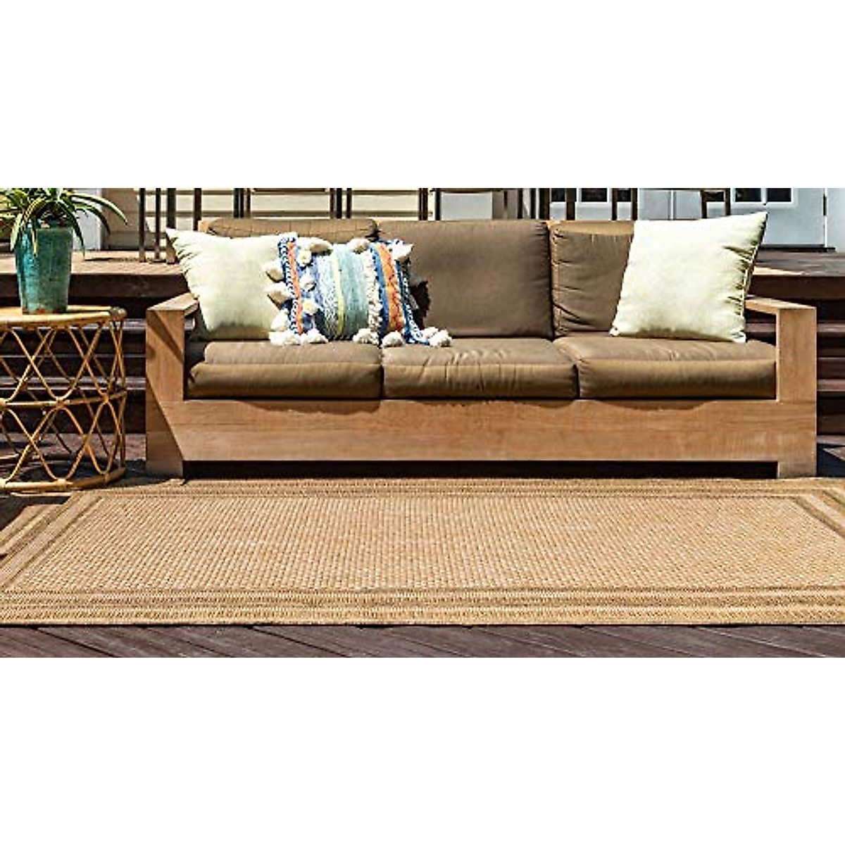 Unique Loom Outdoor Border Collection Area Rug - Multi Border (3' 3" x 5' Rectangle, Tan/ Light Brown)