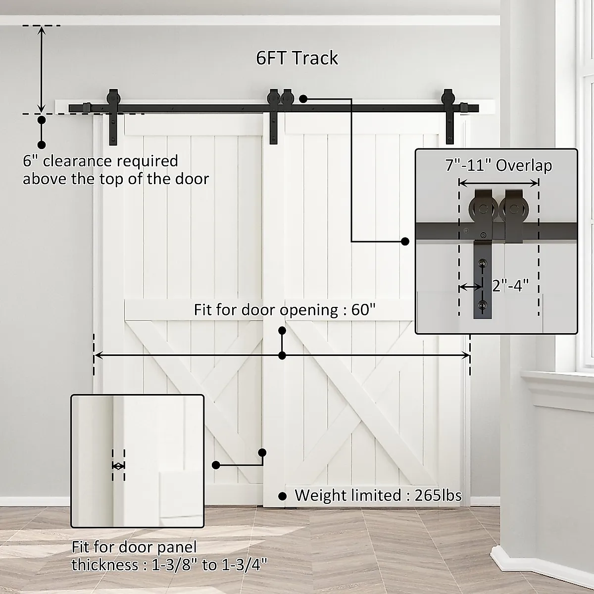 skysen 6FT Heavy Duty Sliding Barn Door Hardware Single Track Bypass Double Door Kit Black(Bypass J Shape-1)