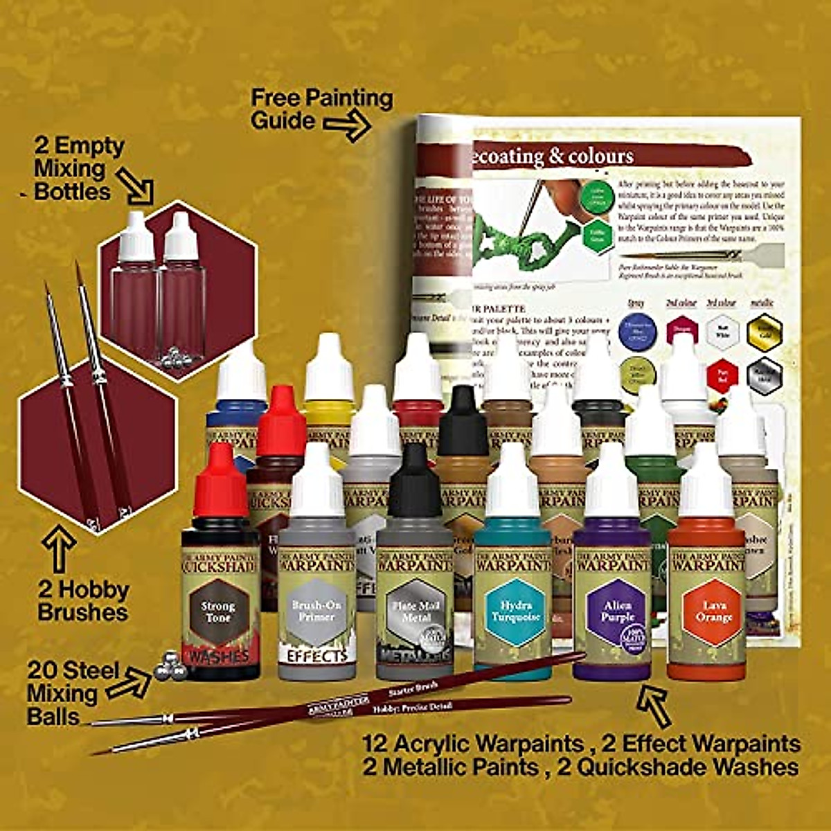 Wargames Delivered The Army Painter Starter Miniature Paint Sets - Acrylic Model Paint Set for Plastic Minis - Miniature Painting Kit - 18 Acrylic Paints, 2 Hobby Paint Brushes, Mixing Balls & Bottles