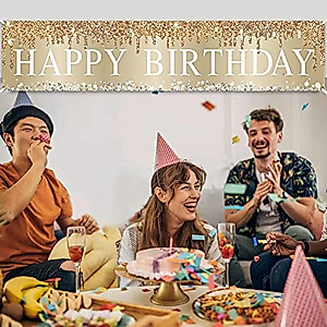 Gold White Happy Birthday Banner Decorations for Women Girls, Gold Glitter Birthday Yard Banner Sign Party Supplies, 16th 18th 21st 30th 40th 50th 60th Birthday Theme Decor for Outdoor Indoor