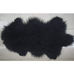 Genuine Tibetan Rug， Mongolian Lamb Sheepskin Curly Fur Pelt Throw Fur Area Rug Carpet Chair Cover with Super Fluffy Thick Decorativeas Throw Rug in Bedroom, Living Room,Black