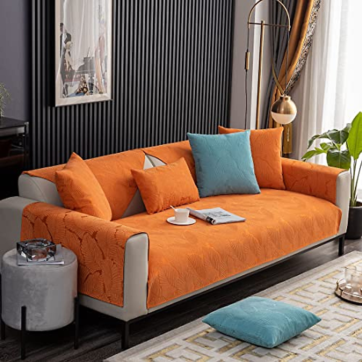 Tufted Chenille Sofa Couch Covers Palm Leaf Sectional Couch Covers Sofa Slipcover for Dogs Cats Pet Love Seat Recliner Leather L Shaped,Armrest Backrest Cover(Orange,43"x94")