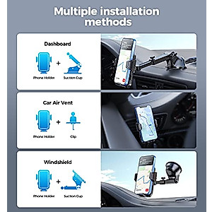 ADIUPUL Car Phone Holder Mount, Phone Mounts for Car (Bumpy Roads Friendly) 3 in 1 Universal Car Mount, Easy Clamp Hands Free Universal Fit for Dashboard Windshield Vent iPhone Samsung and More Phones