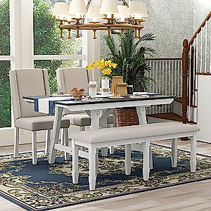 HAUSHECK Classic 4-6, Modern Home Furniture Small Space with Rectangular Extendable Table w/Two 12" W Removable Leaves, Upholstered Bench & Chairs w/Wing Back, Kitchen & Dining Room Sets for 6, White