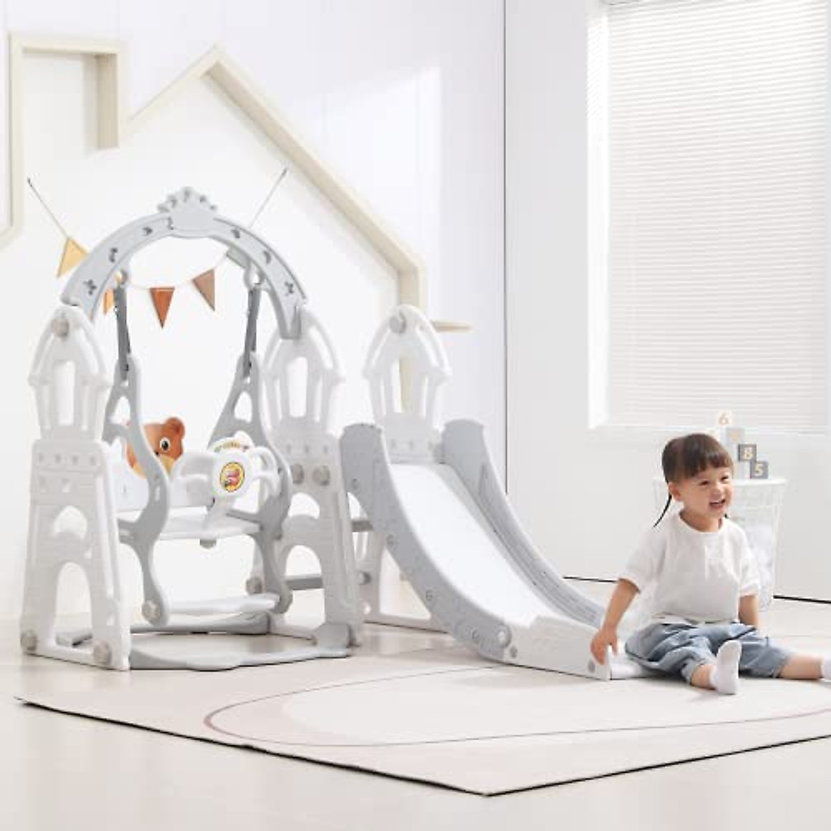 MERIT play Toddler Slide Kids Slide and Swing Set, 4 in 1 Baby Slide Climber Playset with Basketball Hoop and Safety Swing Set, Indoor Outdoor Backyard Baby Playground Toys for Toddlers Age 1-5, Grey