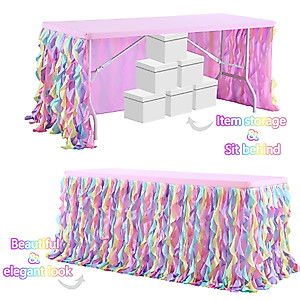 gogoparti Pastel Rainbow Tablecloth for 6 ft Rectangle Table Pastel Rainbow Ruffle Tulle Table Skirt for Unicorn Theme Birthday Party Decoration