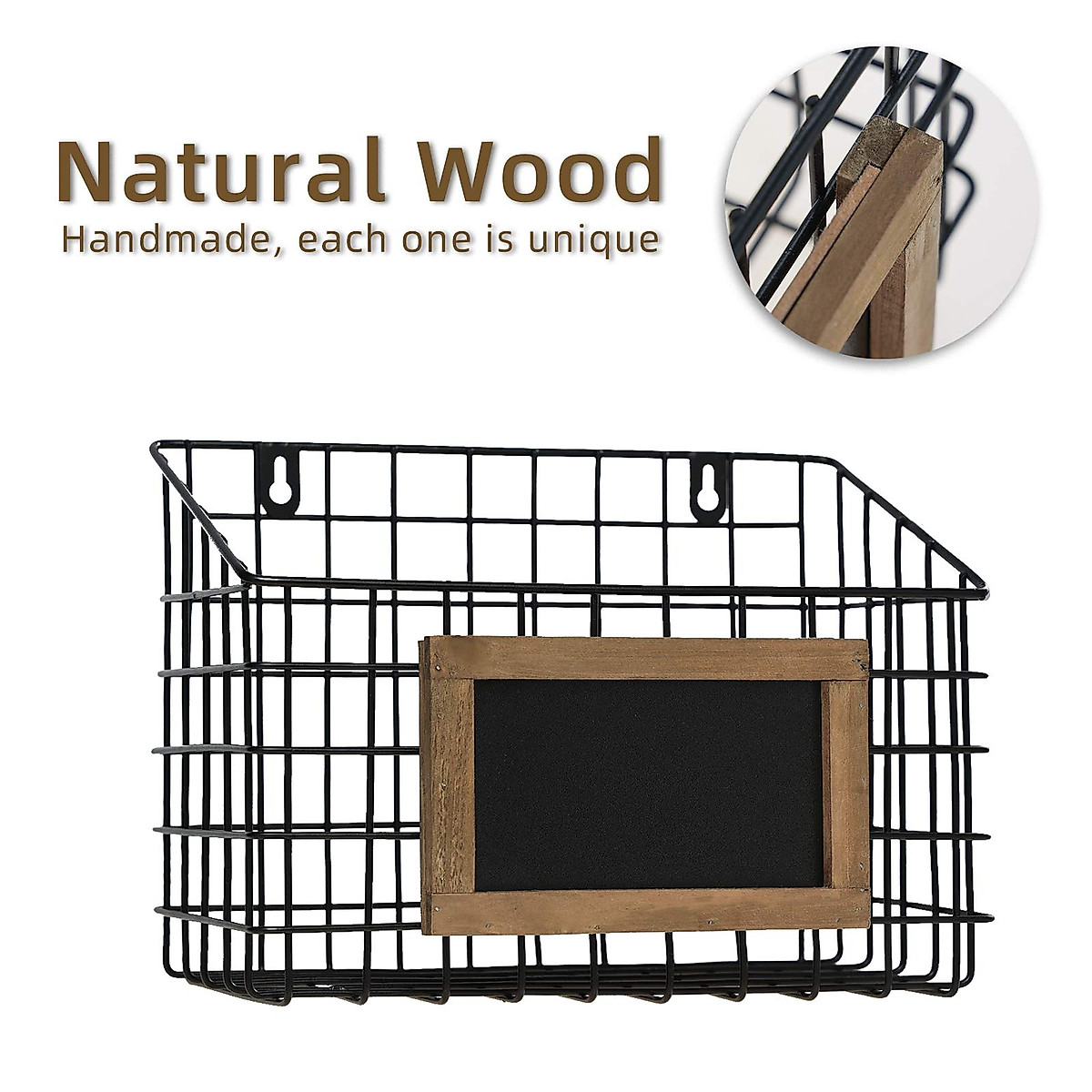 Matt Black Metal Wire Wall Hanging Storage Baskets with Chalkboard Labels, Set of 3, 3 Different Size Hanging Wire Baskets, Black Metal Baskets for Wall