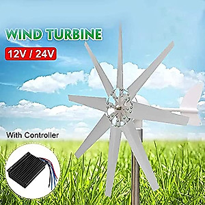 SZYARA 2000W Wind Turbine Generator Kit 8 Blades Low Noise Horizontal Wind Turbine with Charge Controller for Home Garden Use(White),12v