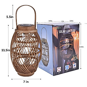 pearlstar Solar Lanterns Outdoor Waterproof - Rattan Natural Lantern with Handle for Hanging or Table Lanterns Edison Bulb, Auto On/Off for Patio Yard Garden Wedding Home Decoration(1 Pack Bronze)