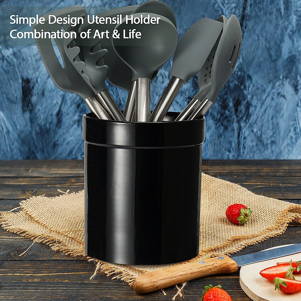 MEIGUI Ceramic Kitchen Utensil Holder, Utensil Crock Large Utensils Holder for Kitchen Decor, Cooking Tool Utensils Caddy for Countertop, Pure Black