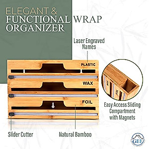 Golden Ears Essentials Foil and Plastic Wrap Organizer 3 in 1 Bamboo Wrap and Aluminum Foil Dispenser for Wraps and Aluminum Foil Organization and Storage, Magnetic Sliding Doors, Engraved Labels